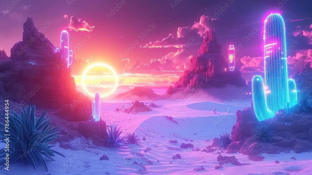 surreal Synthwave desert with pixelated cacti, a digital sun, and retro ...