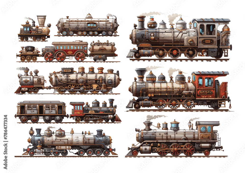 Steampunk trains cartoon vector set. Railway vehicles vintage tubes ...
