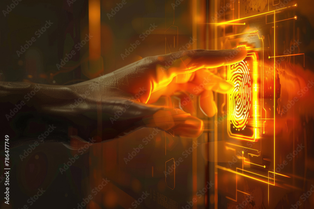 Lock & Key A futuristic, biometric lock glows as a hand scans its print ...