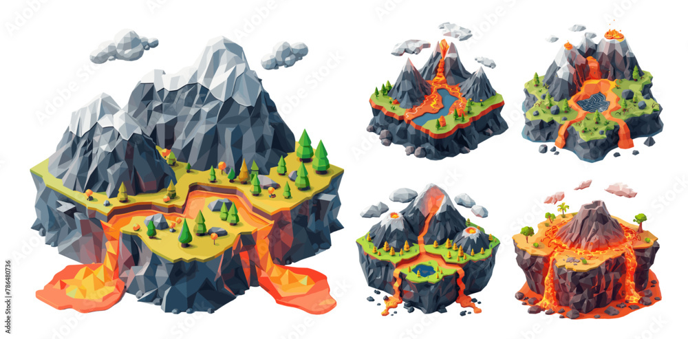 Volcanoes eruption isometric vector set. Rock stone lava magma land ...