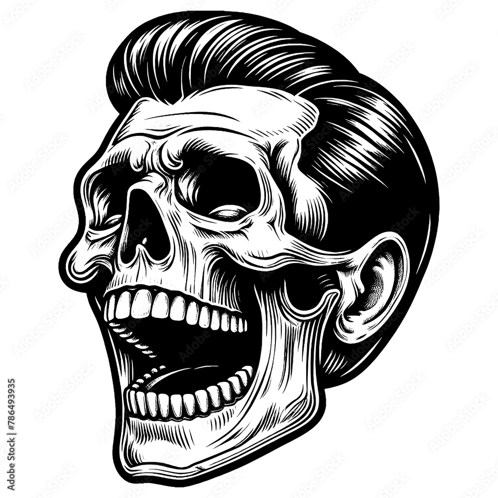 skull with laughing screaming expression and a classic pompadour ...