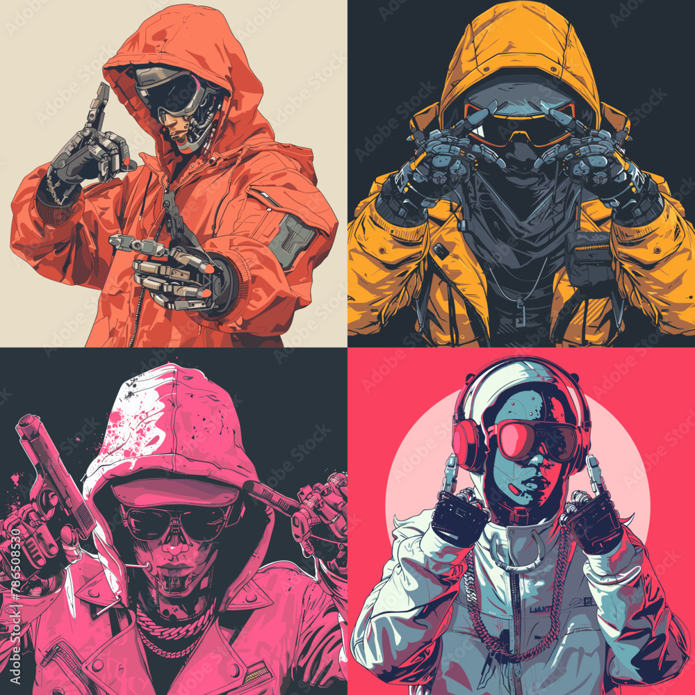Cyberpunk gangsters cartoon vector posters. Swag bad guys cyborgs ...