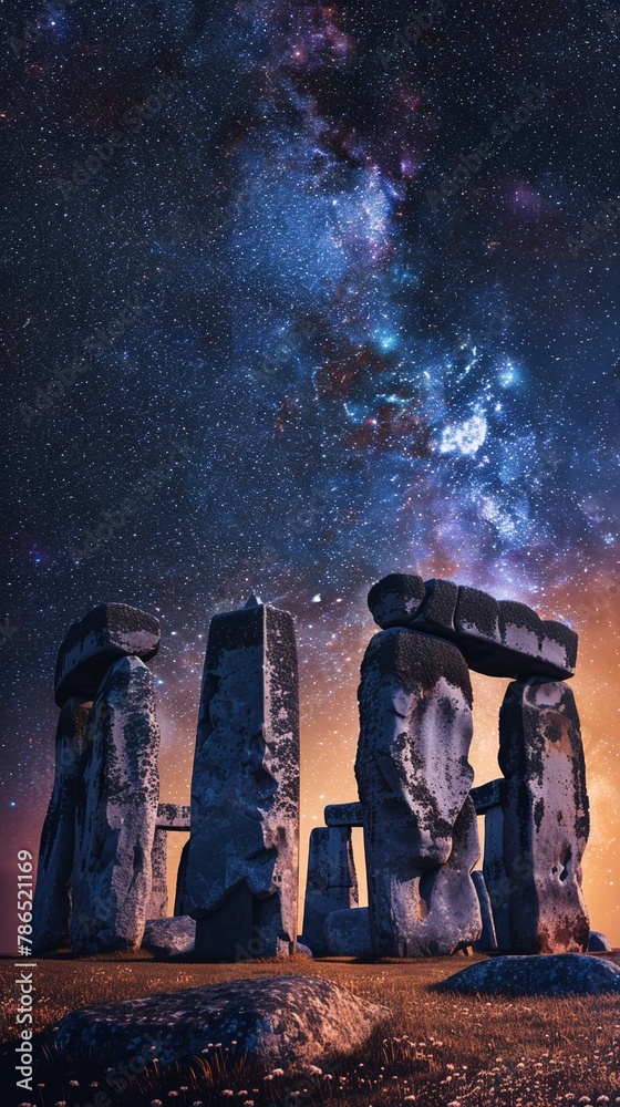 Stonehenge, The historical stone arrangement under a starry sky, a ...