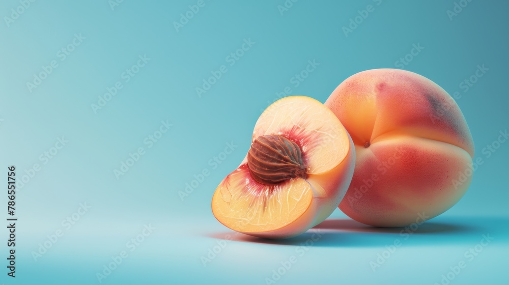 peaches A photorealistic illustration against pastel blue background ...
