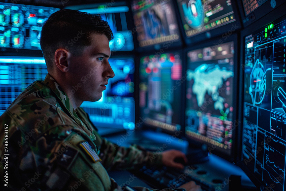 A focused military surveillance officer monitoring screens of data in a ...