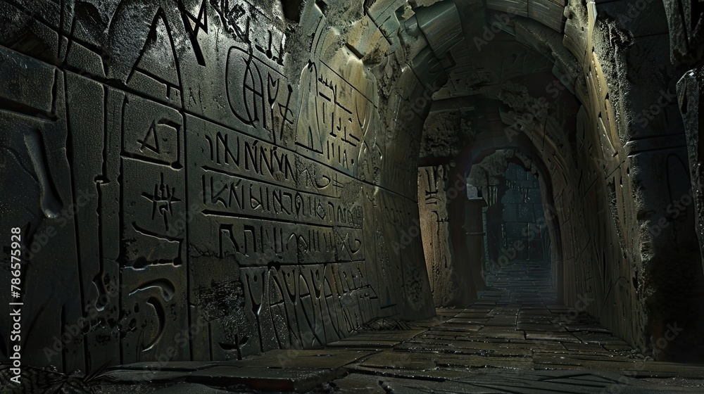 Cryptic runes carved into the walls of a forgotten underground. Burial ...