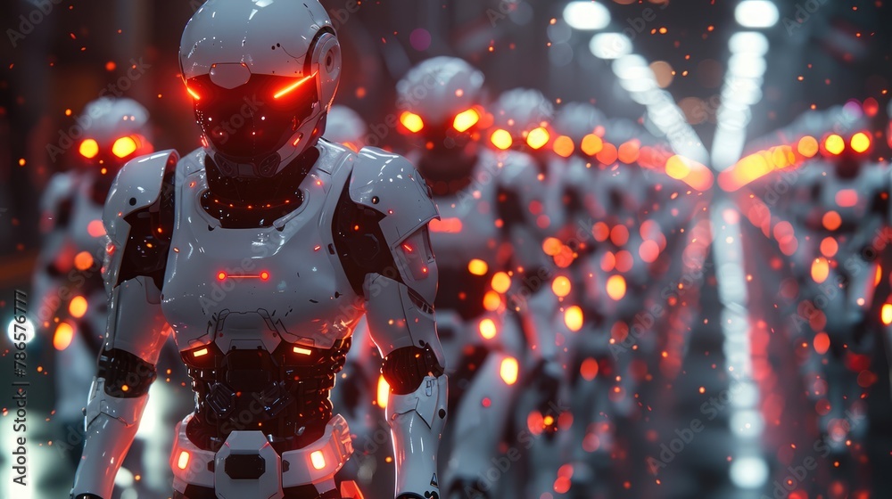 Robots androids on the assembly line of the factory. Seamlessly ...