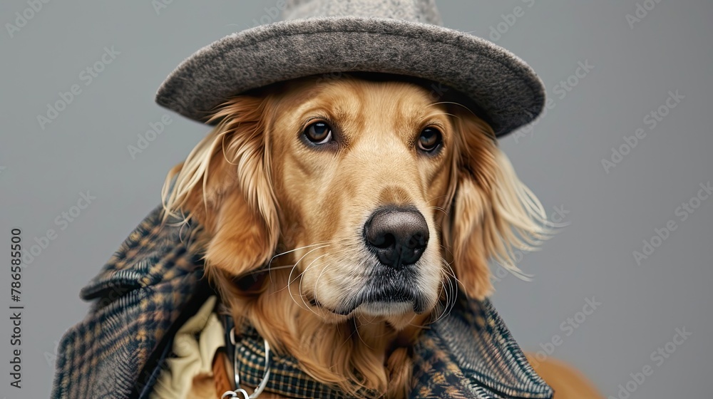Serious detective dog in a raincoat and hat, with a serious face ...