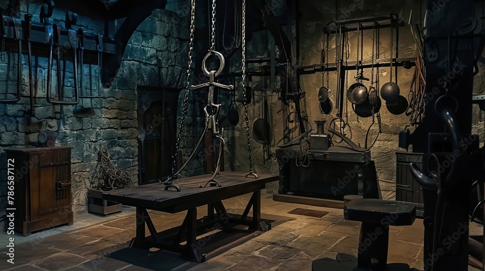 Torture chamber with an iron maiden and other gruesome device, chains ...