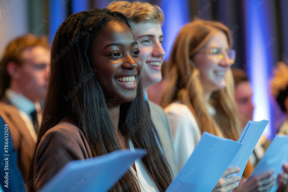 Group of happy students holding certificates during an award ceremony ...