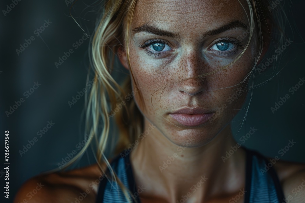 Blue eyes, lady or face with vision, security, humanism, or safety ...