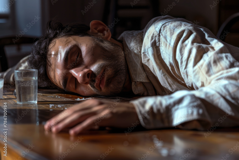 An intoxicated man falls asleep on the table of a bar or barney lady ...