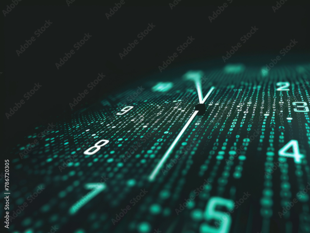 Simplistic image of a digital clock with numbers morphing into binary code, representing AI in ...