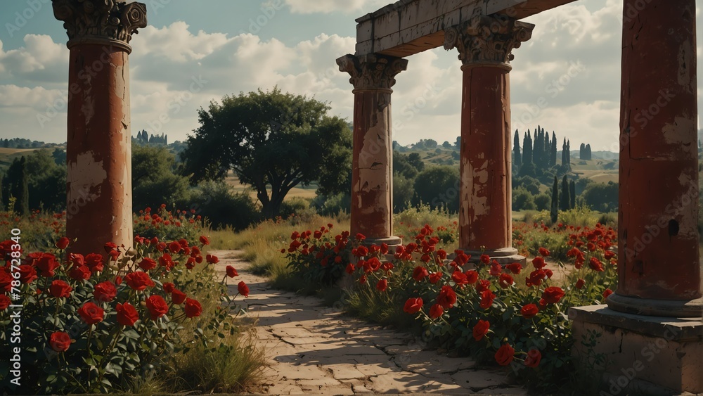 red roses fields walkway with ancient roman columns from Generative AI ...