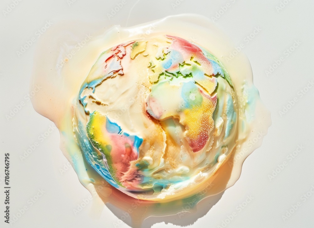 This intriguing image showcases a melting globe with vibrant colors ...