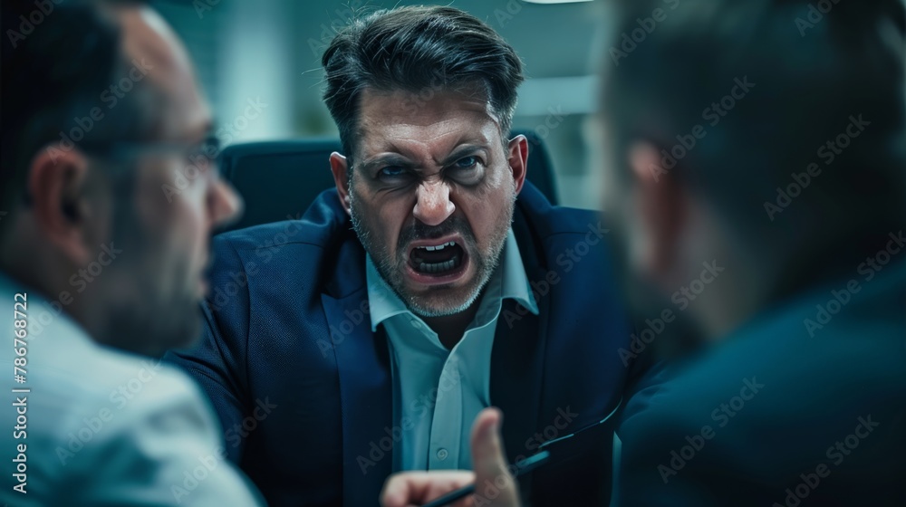 A tense meeting room scene, where a businessman is seen in heated ...