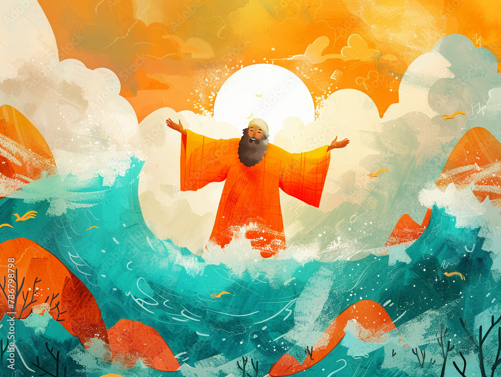 An illustration of a happy Moses parting the Red Sea drawn in a lovely ...