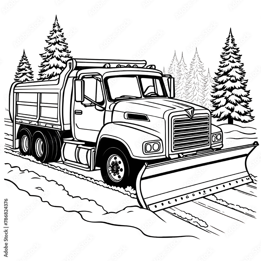 black and white outline art colouring book pages snow plow truck with a ...
