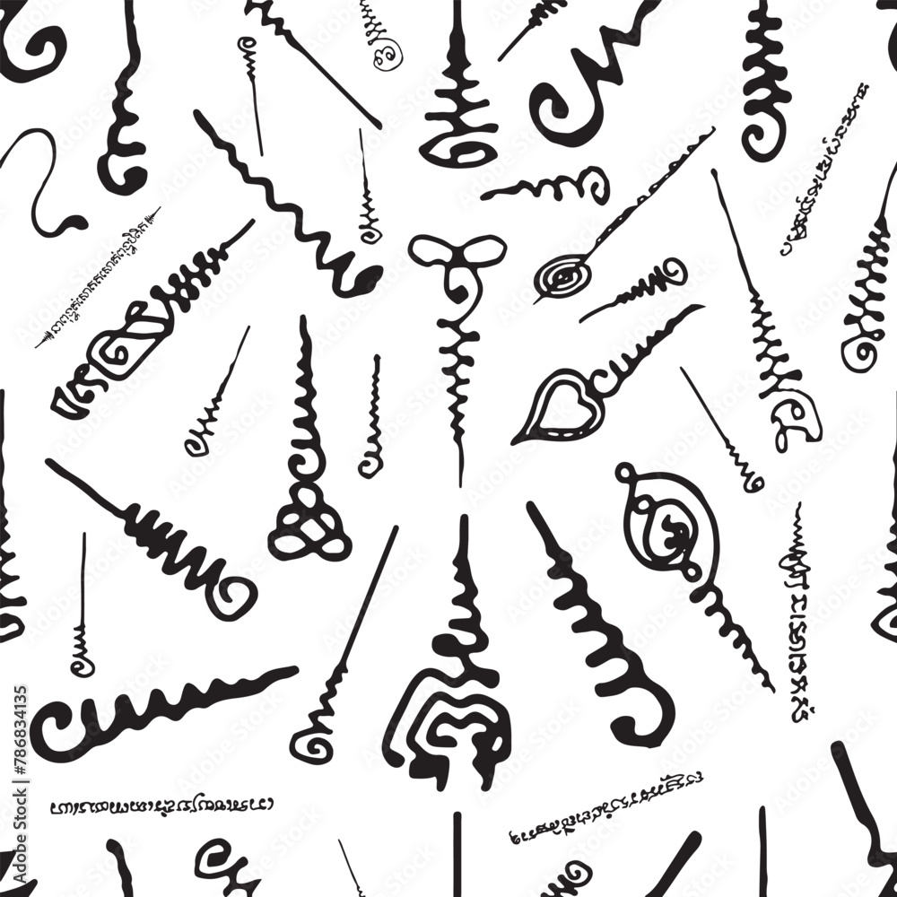 Thailand talisman Yantras and ancient characters Seamless pattern. Thai ...