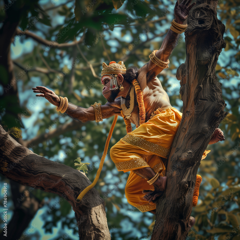 Hanuman, the Hindu god, jumps through the forest, his powerful leap ...