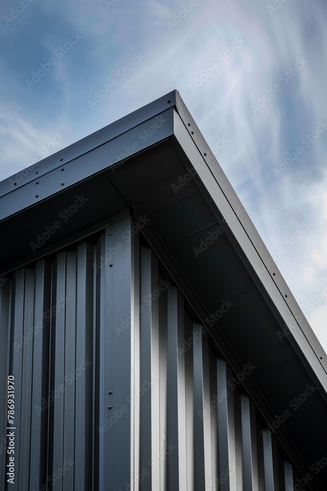 close up detail of dark grey alucobond cladding on the roof, wood slats ...