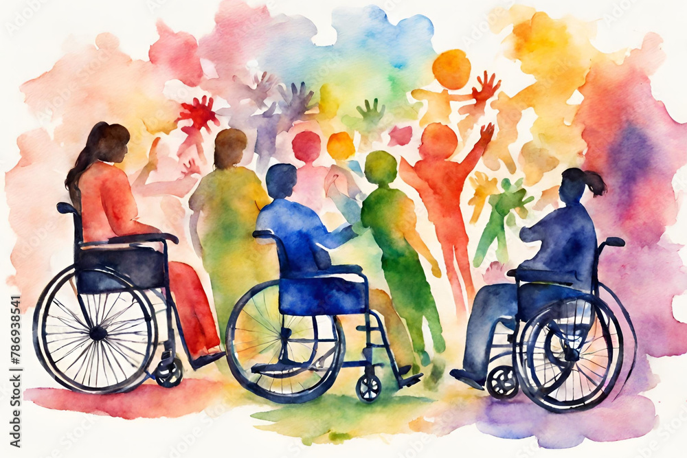 Colorful art watercolor painting depicts a diverse group of ...