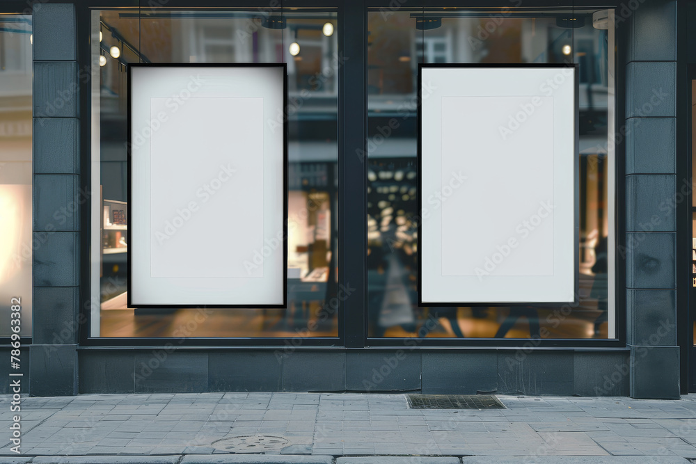 Two blank white posters on a store's facade, modern building exterior ...