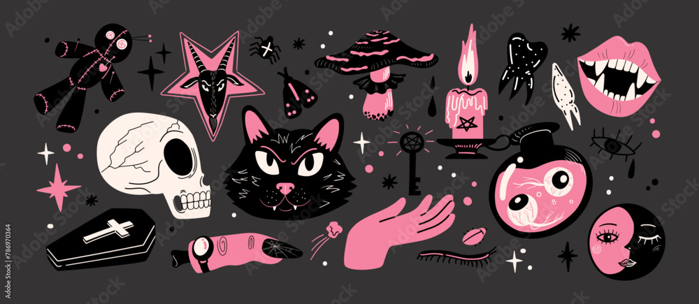 Cartoon set of stickers of magic and witchcraft. 90s wild magic design ...