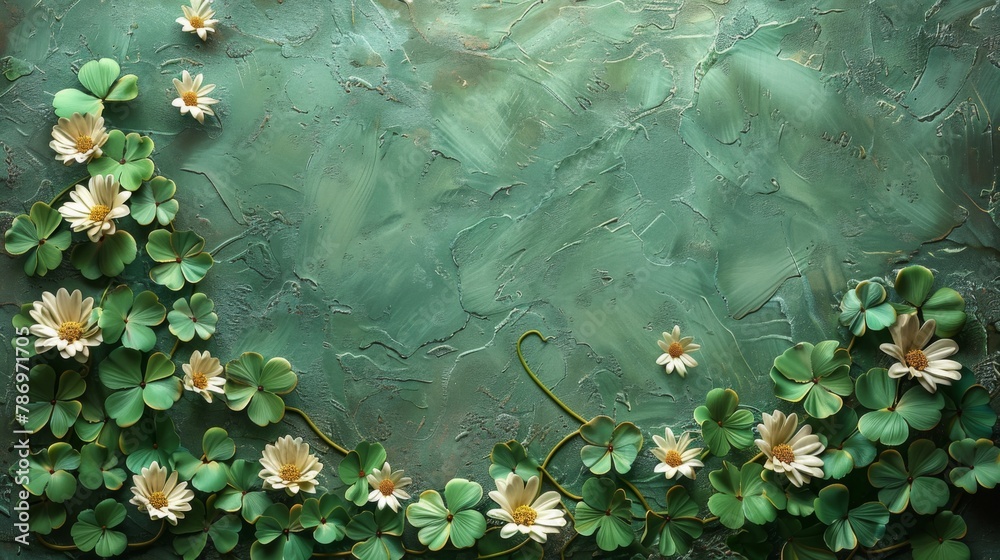 Sprightly green clover and modest white daisies arranged in a subtle ...