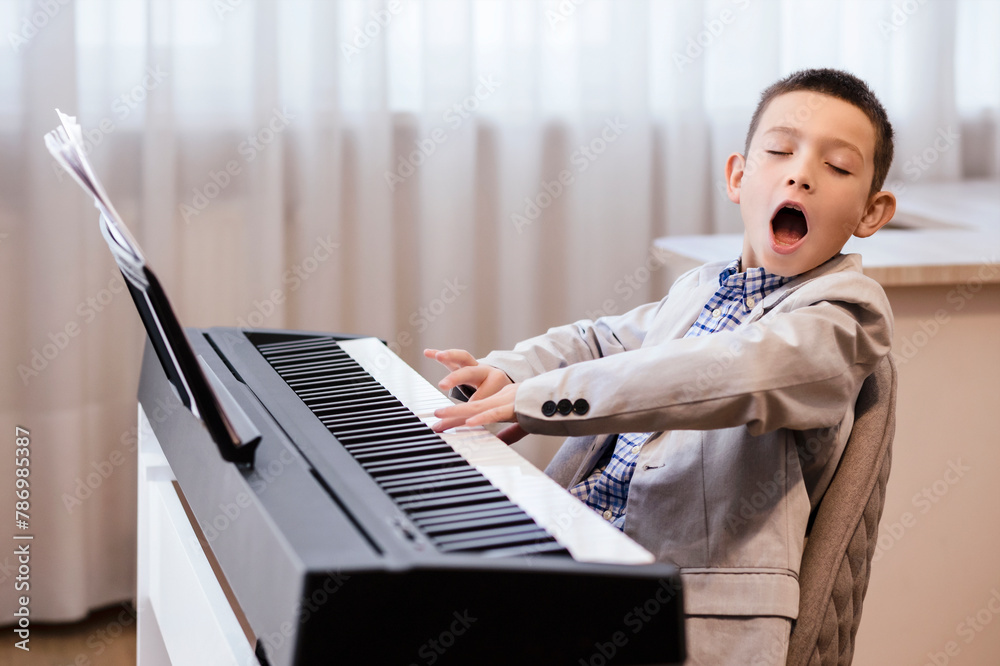 Singing and Playing Piano. Funny Little Pianist with Open Mouth and ...