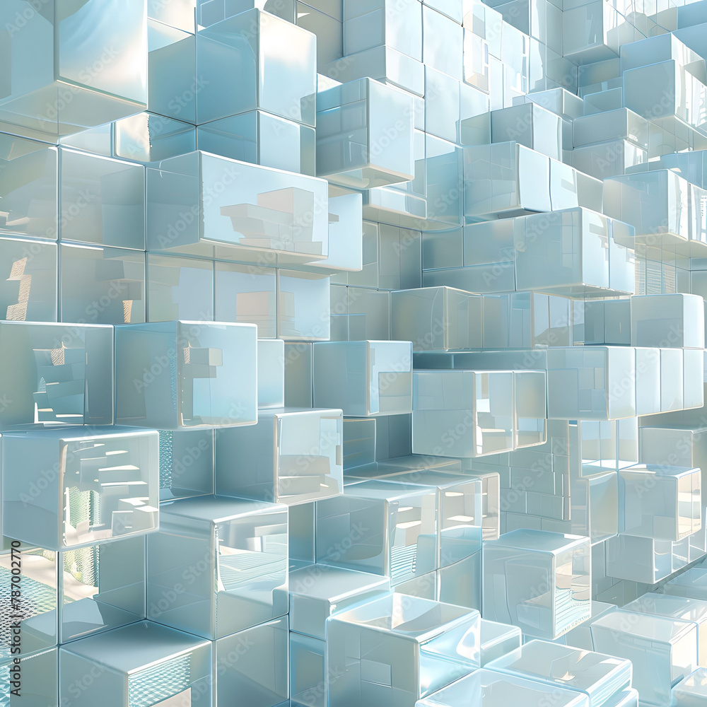 cubes 3d rendering, in the style of light white and azure, futuristic ...