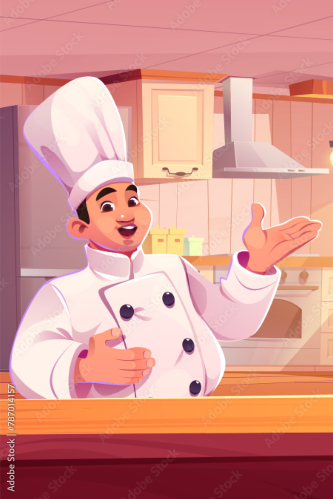 Chef in uniform and hat on kitchen. Cartoon vector illustration of ...
