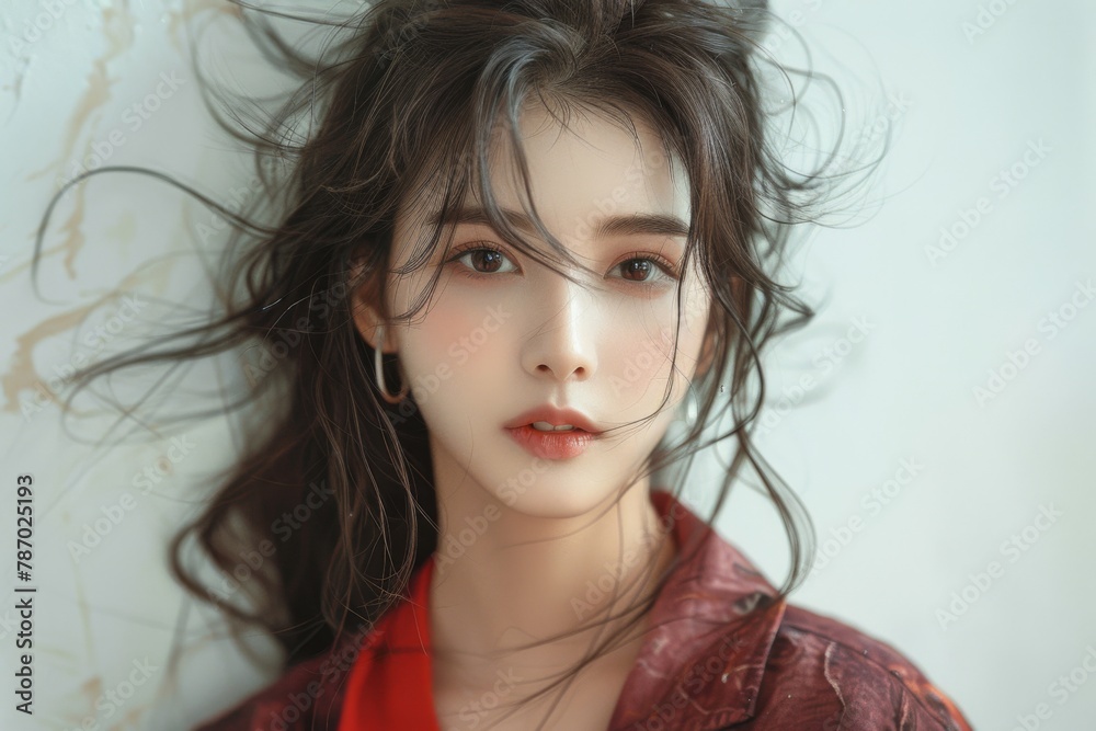 A sophisticated portrait of a Korean girl with her hair neatly styled ...