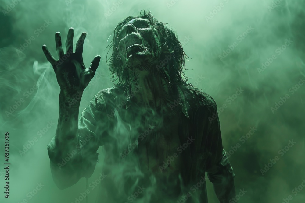 A disturbing revenant rising from the ground, its face contorted in ...