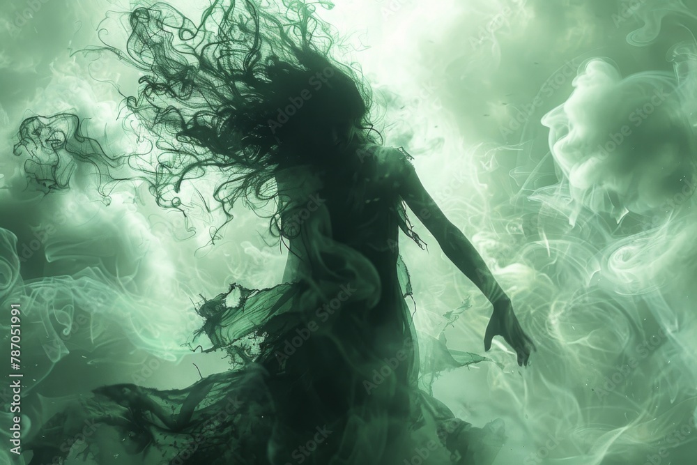 A shadowy banshee with flowing hair and a tattered dress, screaming ...