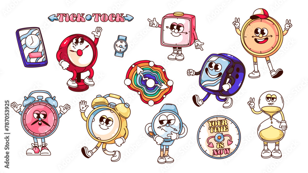Groovy clock cartoon characters and stickers set. Funny retro alarm ...