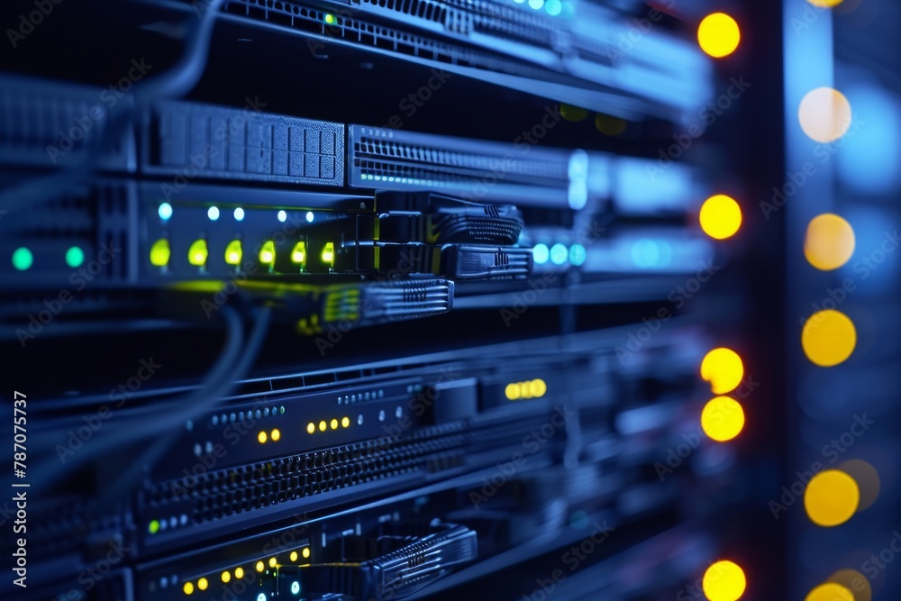 A detailed view of a server in a server room with blinking lights and cables, An abstract ...