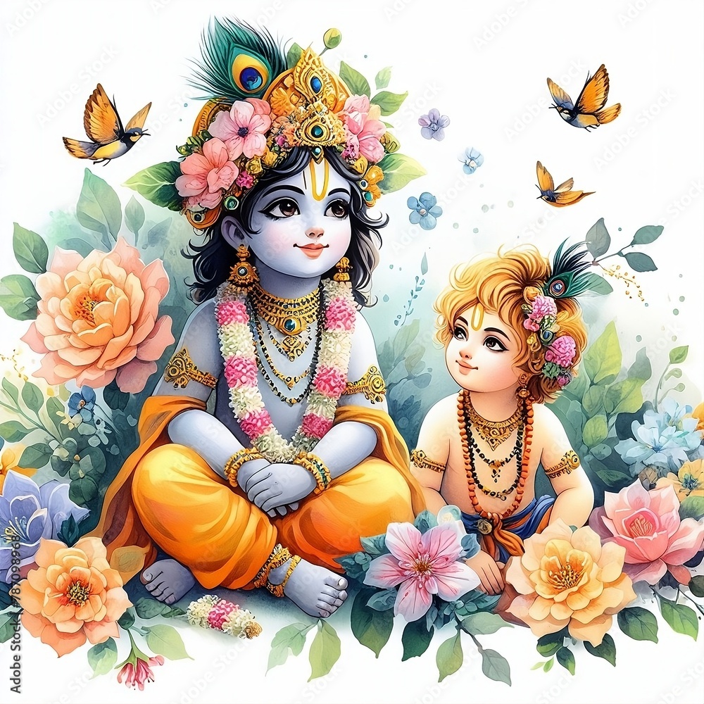 Watercolor illustration for the festival of vishu with a young lord ...