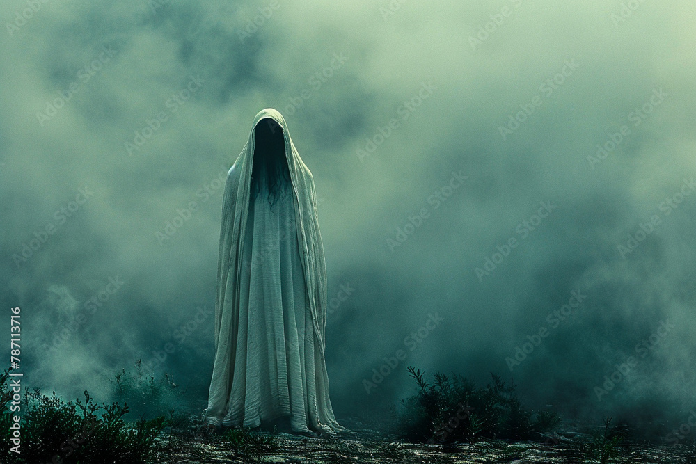 A ghostly figure shrouded in a sheet stands in a foggy, mysterious landscape. Stock Photo ...