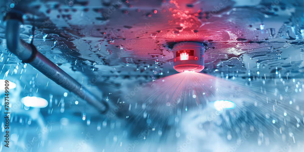 Indoor fire suppression system. Smoke detector and water sprayer in the ...