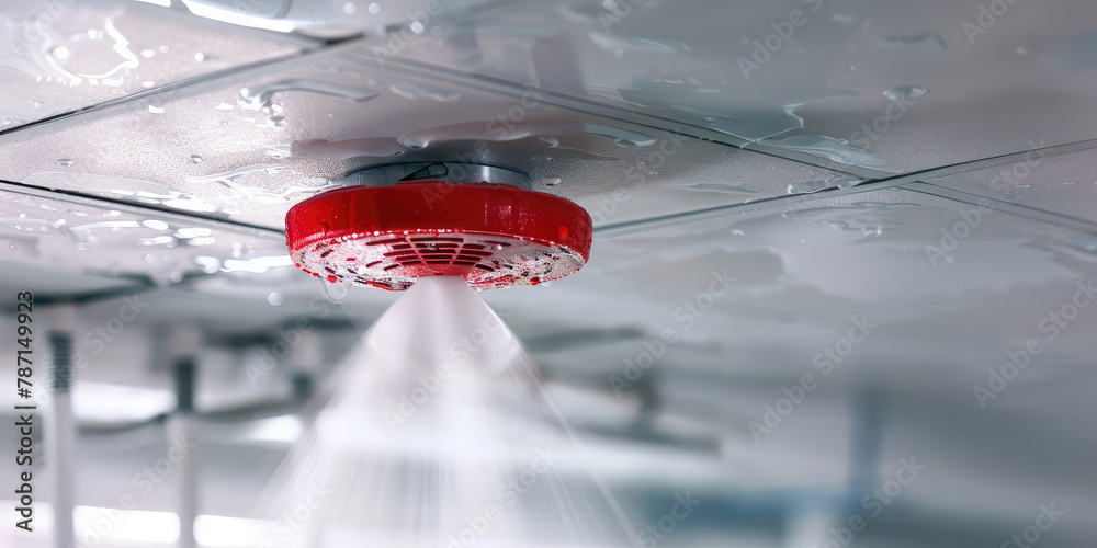 Indoor fire suppression system. Smoke detector and water sprayer in the ...