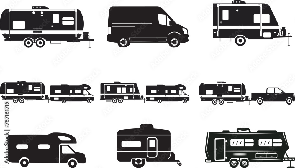 Stock-Vektorgrafik „Black auto RVs, Camper vans / Camping cars icons ...