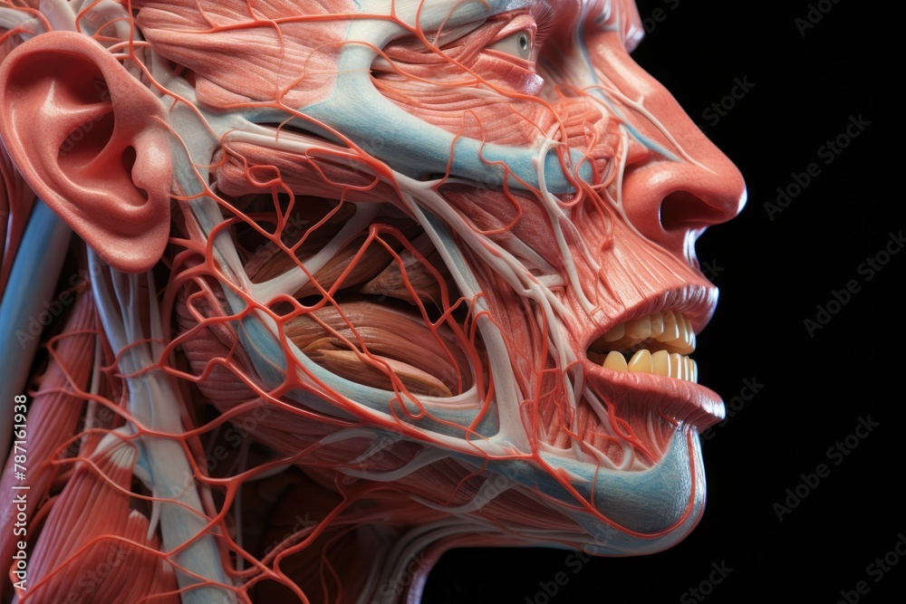 A visually striking 3D scene within the human facial muscles, depicting ...