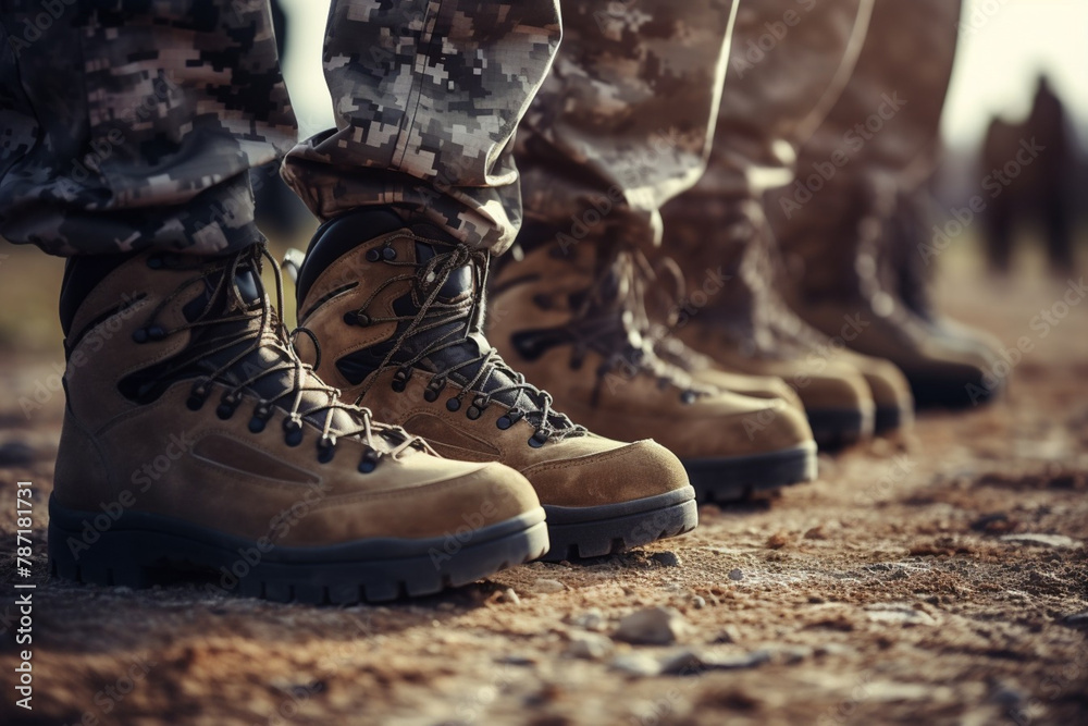 Formation of soldiers in one line. Legs in military boots, close-up ...