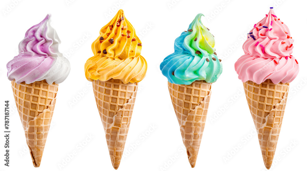 Four different colored ice cream cones with different flavors. The ...