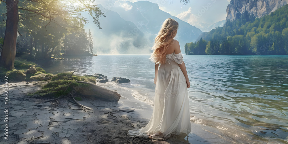Beautiful blond viking maiden stood on the shore of an inland lake ...