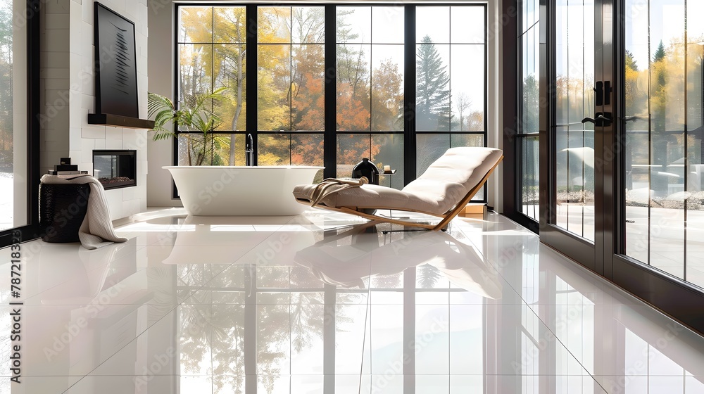 Photo Stock Reflective white marble floor tiles in an open bathroom ...