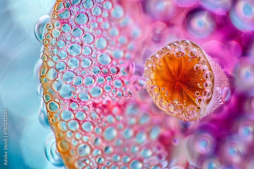 Through the lens of a microscope, an onion cell displays the ...