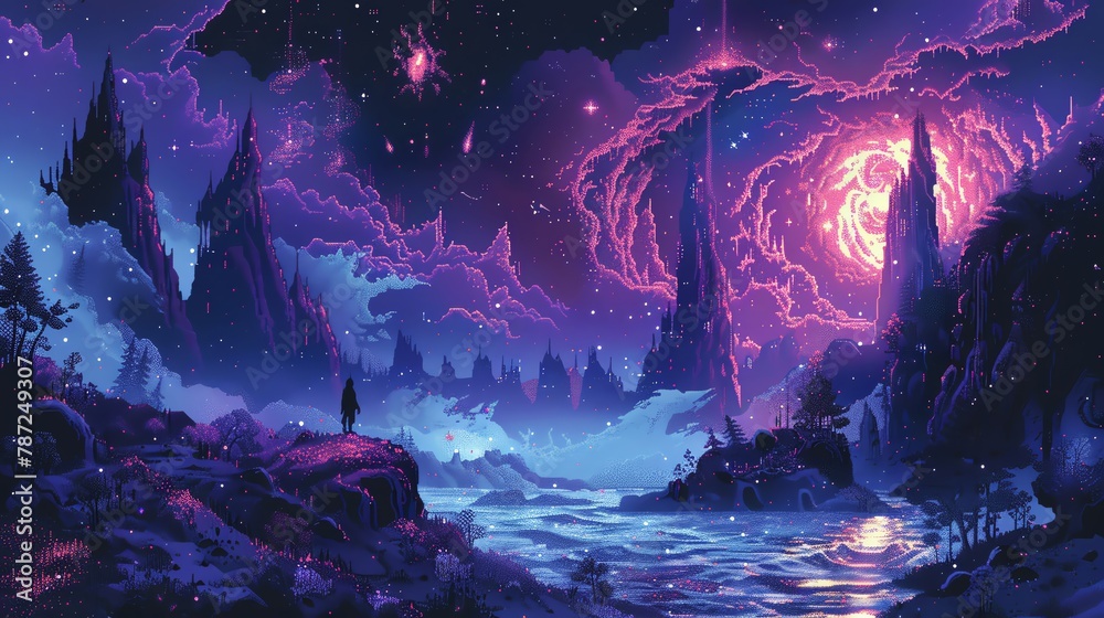 Design a pixel art rendition of a cosmic ballet featuring mythical ...