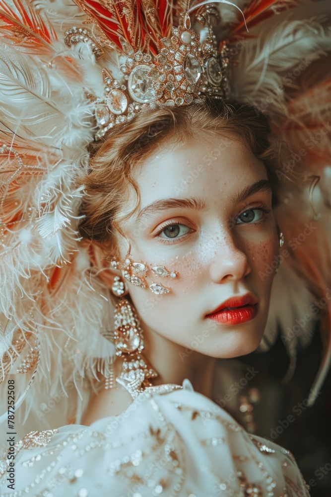 beautiful Slavic girl in a white crown extreme close-up portrait. The ...